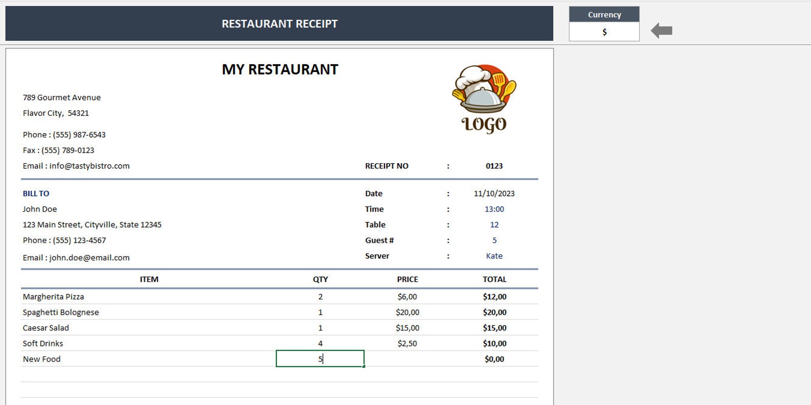Restaurant Receipt Excel Template: Restaurant Invoice Maker - Etsy