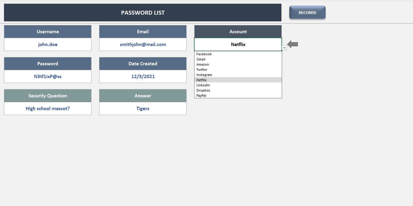 Password List Excel Template: Digital Password Manager - Etsy