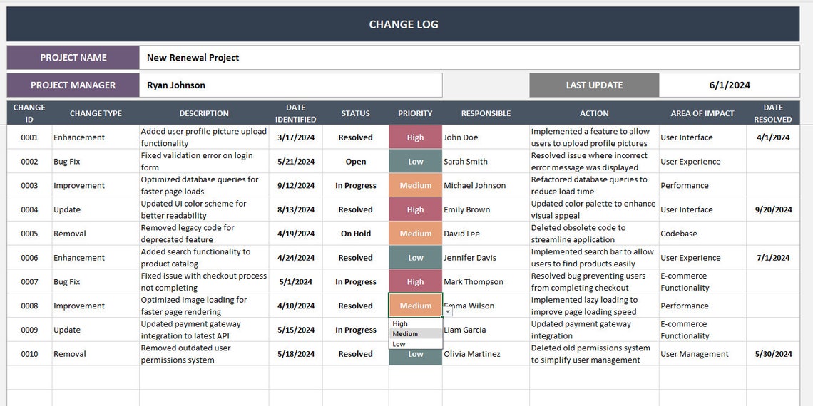 Change Log | Excel Template | Change Log Template | Change Control Log ...