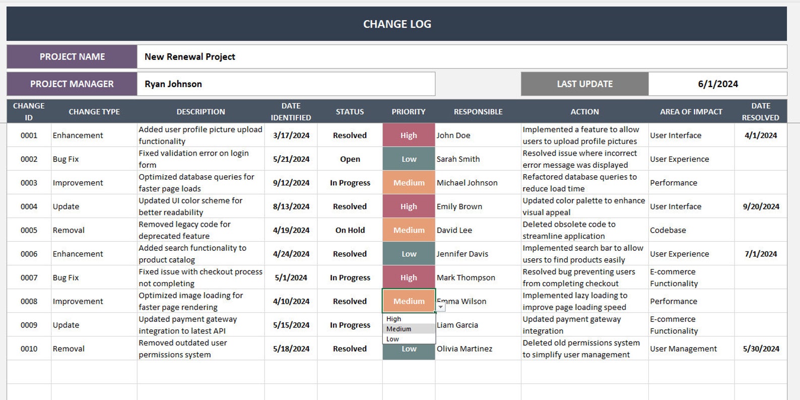 Change Log | Excel Template | Change Log Template | Change Control Log ...
