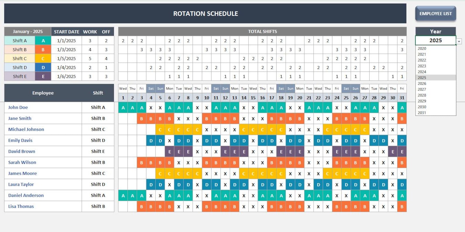 Employee Rotation Schedule: Excel Template, Shift Planner (printable ...