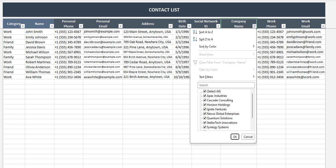 Contact List Excel Template Contact List Sheet Telephone Contact List ...