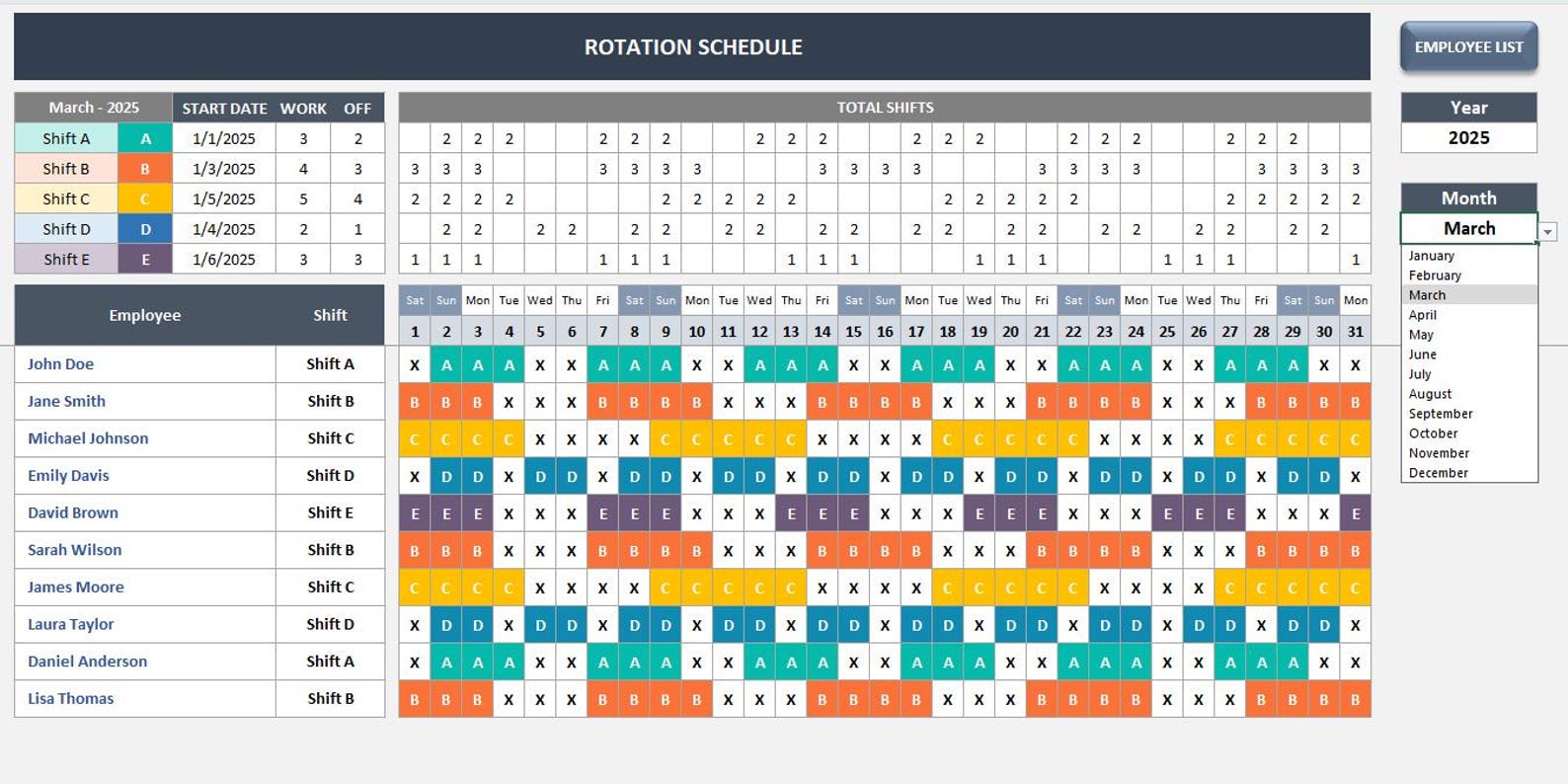 Employee Rotation Schedule: Excel Template, Shift Planner (printable ...