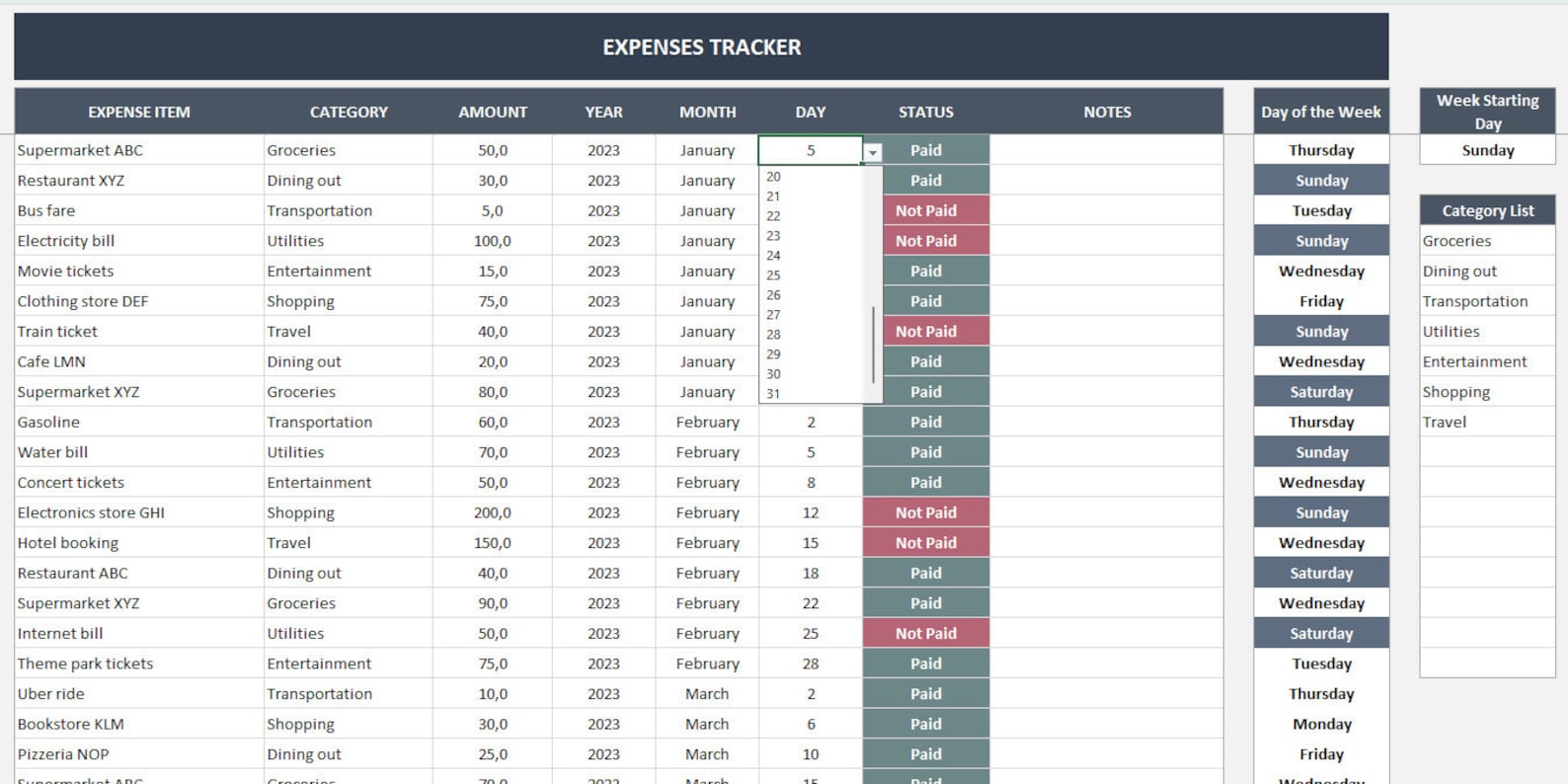 Expenses Tracker Excel Template Expenses Calendar Spending Tracker ...