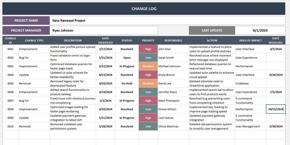 Change Log | Excel Template | Change Log Template | Change Control Log ...
