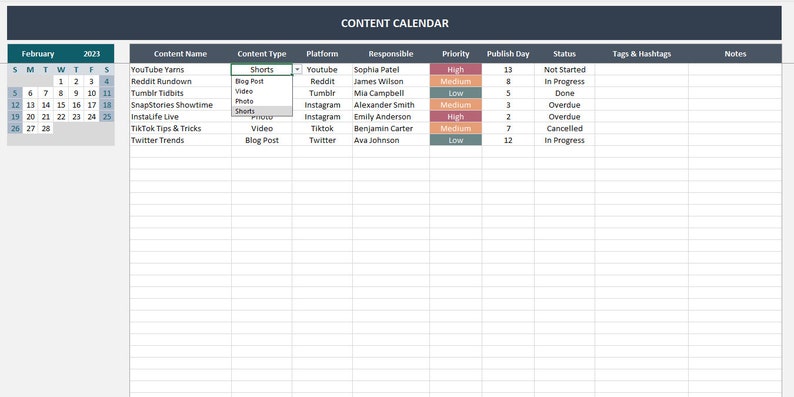 Content Calendar Excel Template | Social Media Planner | Editorial ...