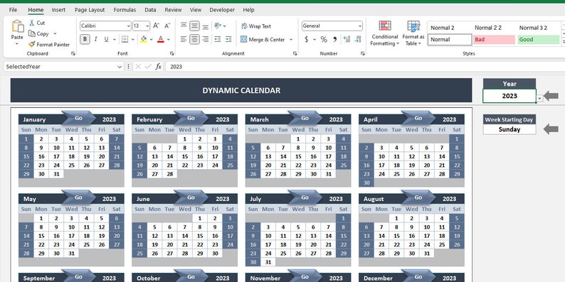 Dynamic Calendar Excel Template: Printable Yearly Planner (instant ...