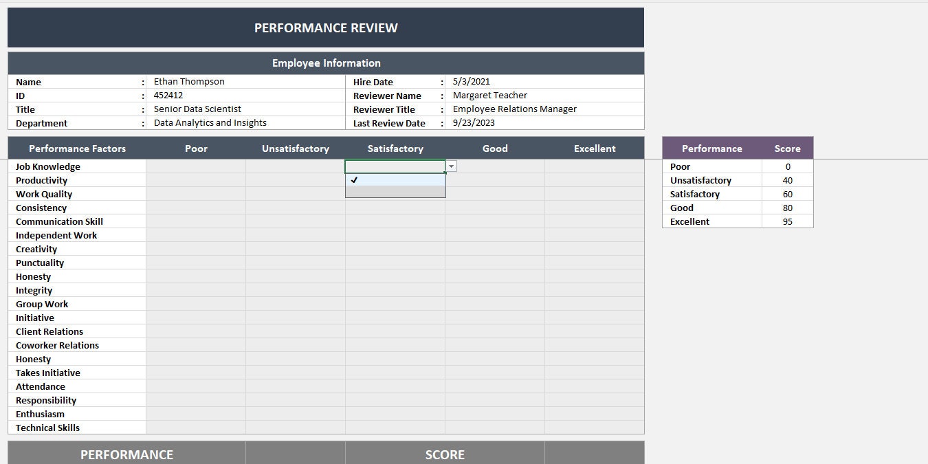 Performance Review Excel Template: Employee Evaluation Tracker - Etsy