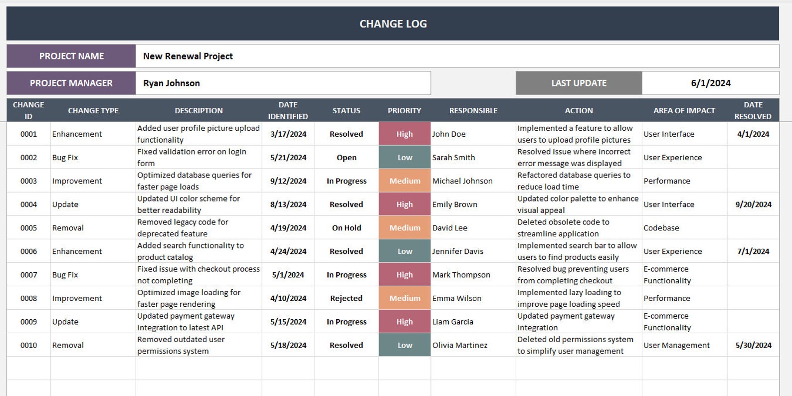 Change Log | Excel Template | Change Log Template | Change Control Log ...