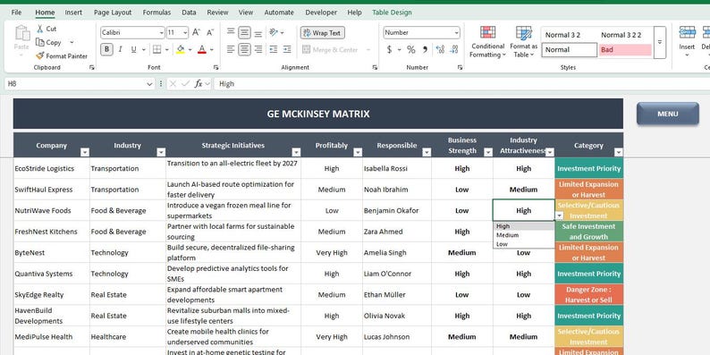 GE Mckinsey Matrix Excel Template: Strategic Planning Tool (digital ...