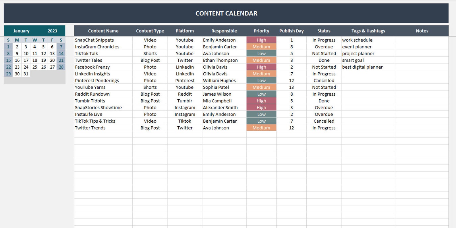Content Calendar Excel Template: Social Media Planner, Content Tracker ...