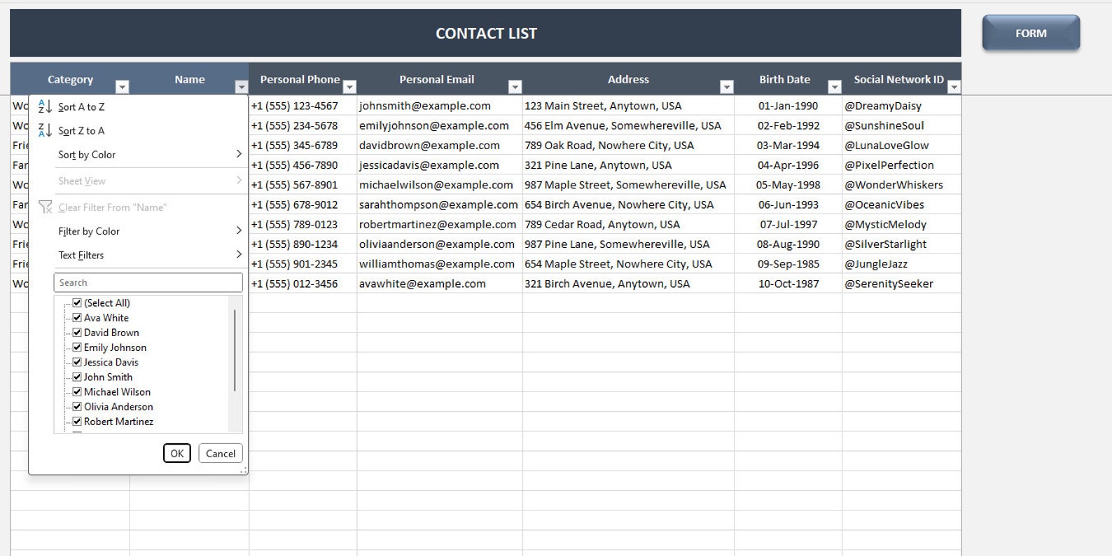 Contact List Excel Template Contact List Sheet Telephone Contact List ...