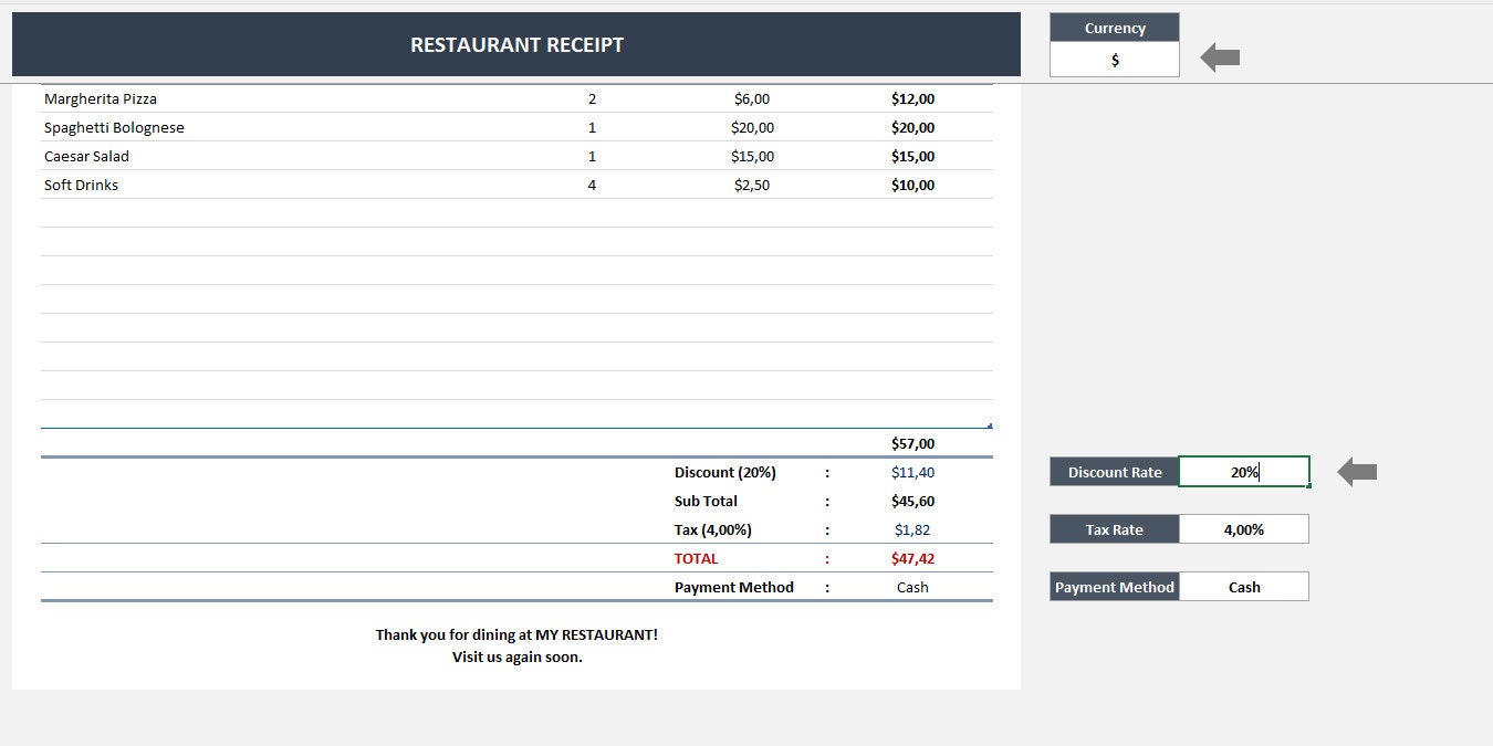Restaurant Receipt Excel Template Restaurant Receipt Maker Restaurant ...