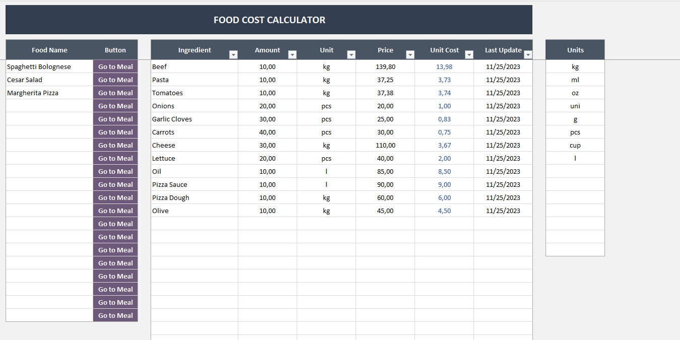 Food Cost Calculator | Excel Template | Recipe Cost Calculator | Meal ...