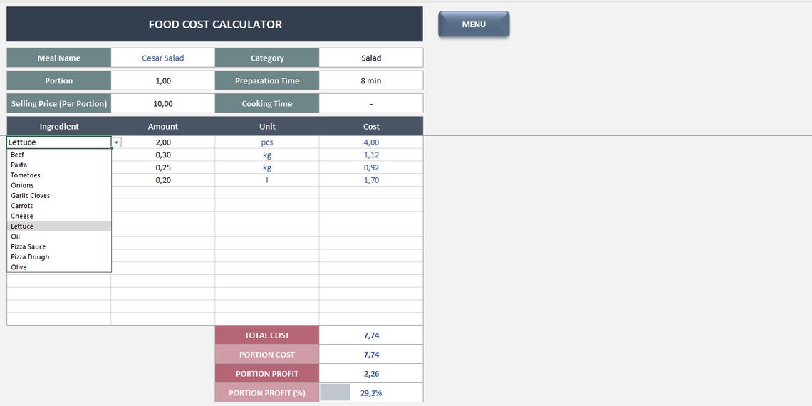 Food Cost Calculator Excel Template: Recipe Costing & Menu Pricing - Etsy