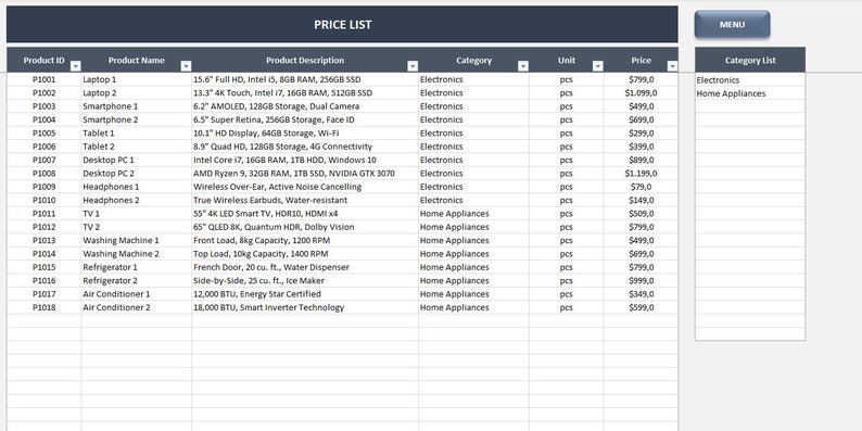 Price List Excel Template: Customizable Product Catalog (printable) - Etsy