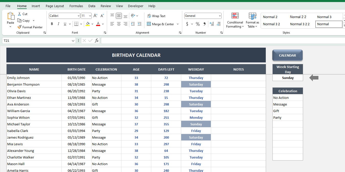 Birthday Calendar | Excel Template | Birthday Reminder Calendar ...