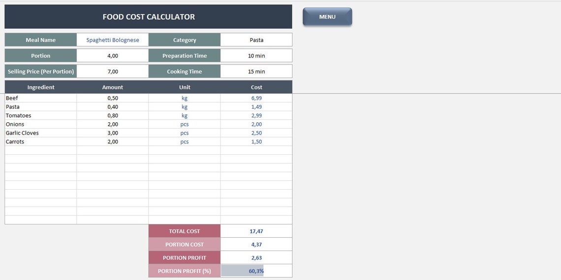 Food Cost Calculator Excel Template: Recipe Costing & Menu Pricing - Etsy