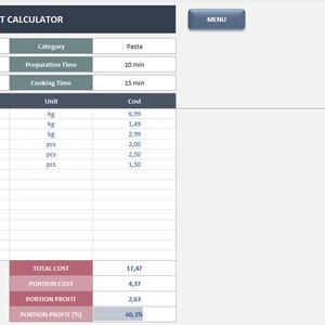 Food Cost Calculator Excel Template: Recipe Costing & Menu Pricing ...