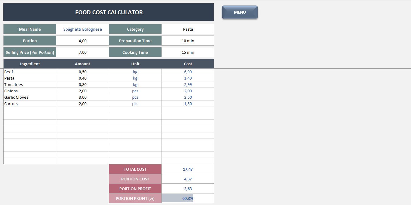 Food Cost Calculator Excel Template: Recipe Costing & Menu Pricing - Etsy