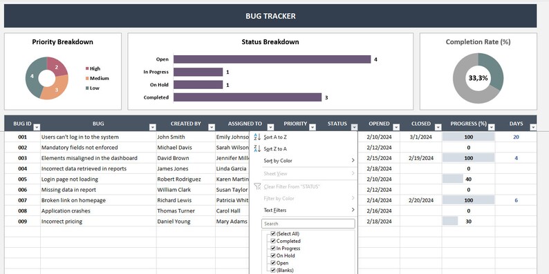 Bug Tracker Excel Template: Issue Management, Bug Reporting - Etsy
