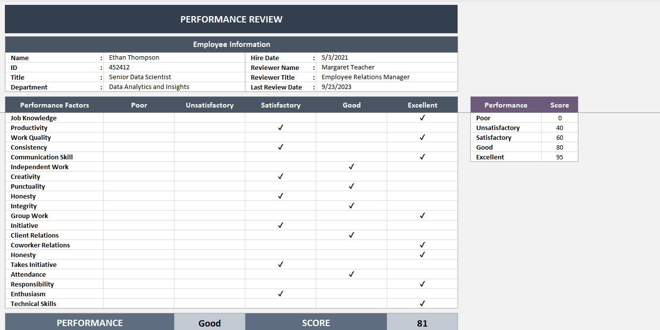 Performance Review Excel Template: Employee Evaluation Tracker - Etsy