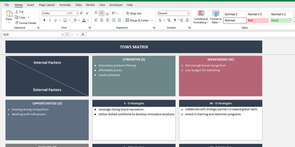 TOWS Matrix Excel Template: SWOT Analysis, Strategic Planning (instant ...