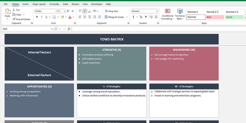 TOWS Matrix Excel Template TOWS Analysis SWOT Analysis Business ...