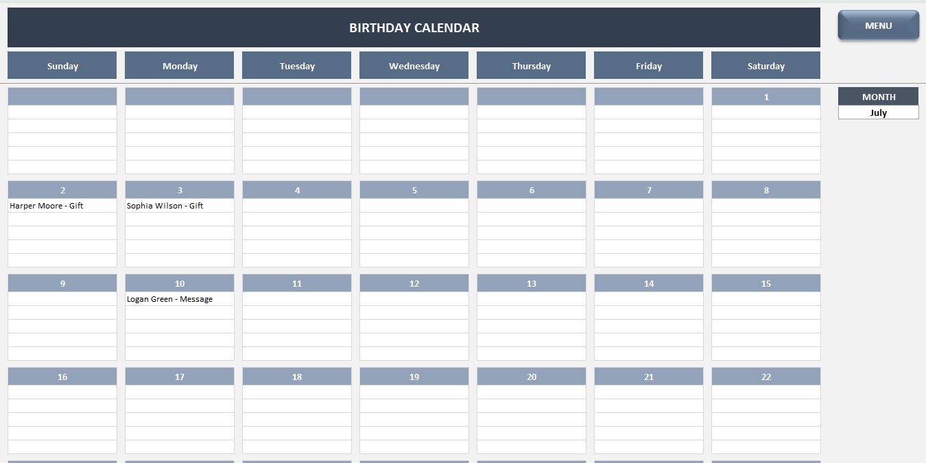 Birthday Calendar | Excel Template | Birthday Reminder Calendar ...