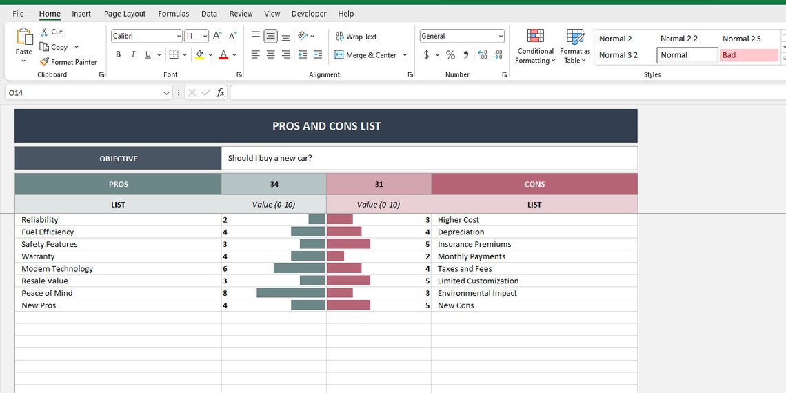 Pros and Cons List: Decision-making Excel Template (instant Download ...