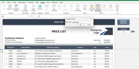 Excel Price Sheet Template