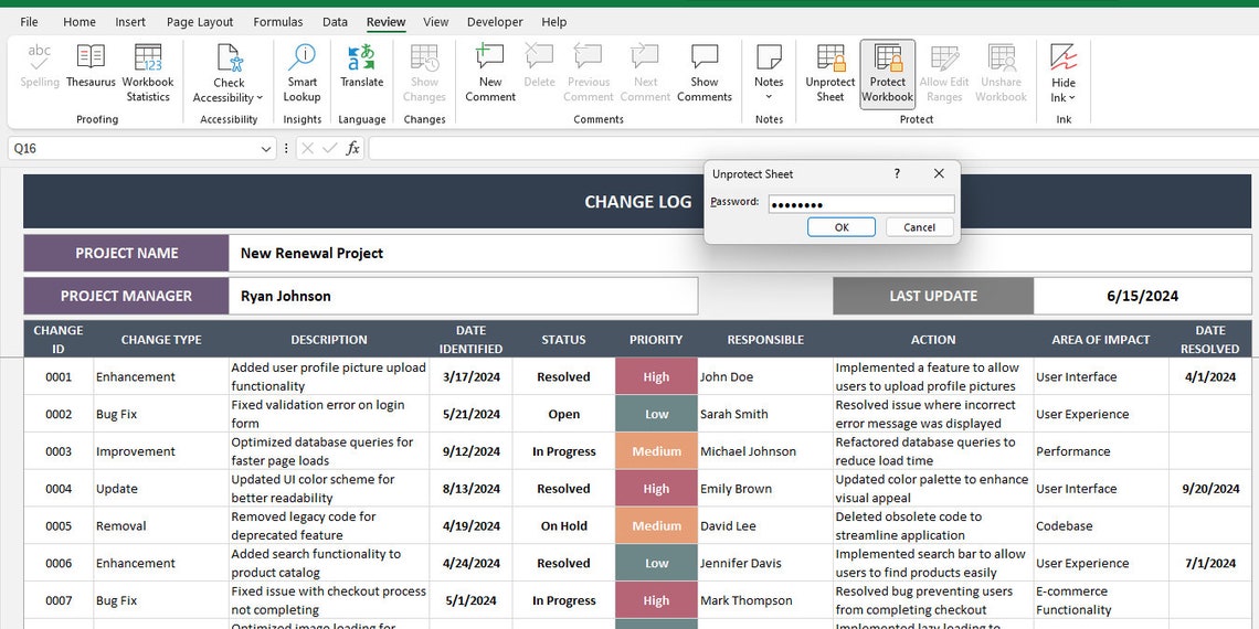 Change Log | Excel Template | Change Log Template | Change Control Log ...