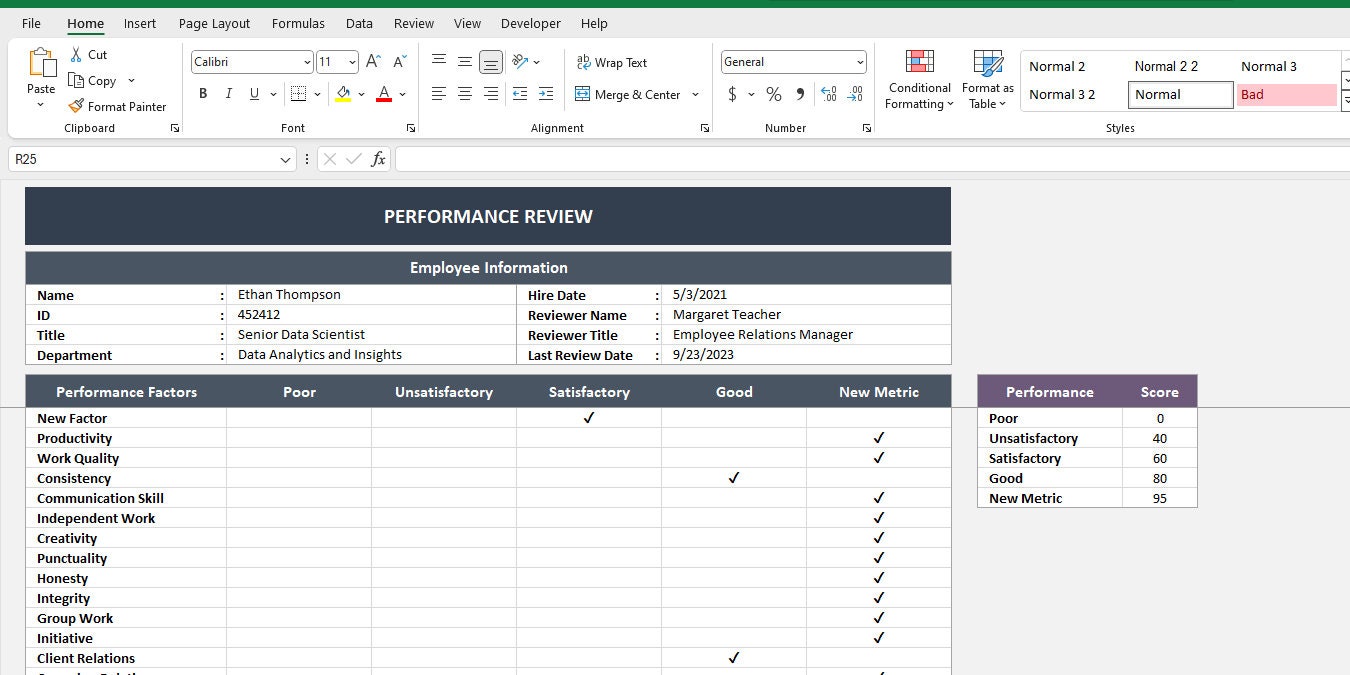 Performance Review Excel Template Employee Evaluation Form Performance ...
