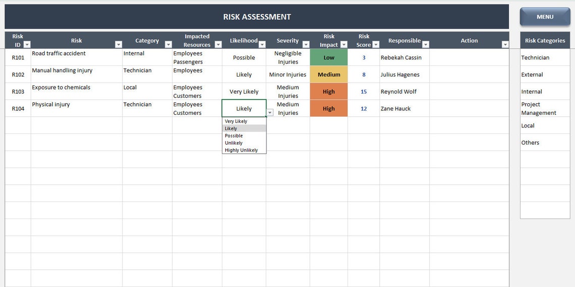 Risk Assessment Excel Template: Risk Management Plan (instant Download ...
