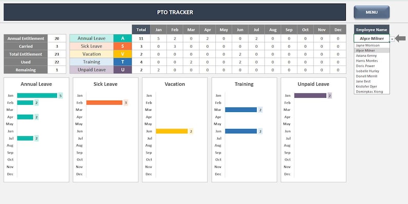 PTO Tracker Excel Template: Employee Leave Calendar, Absence Management ...