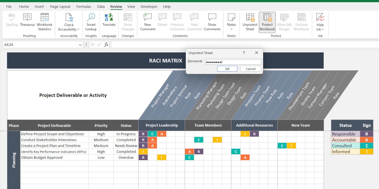 RACI Matrix Excel Template: Responsibility Assignment Chart (instant ...