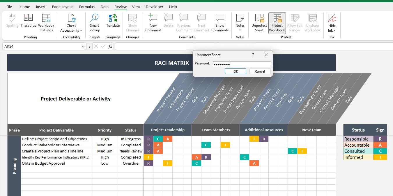 RACI Matrix Excel Template RACI Chart Responsibility Assignment Matrix ...