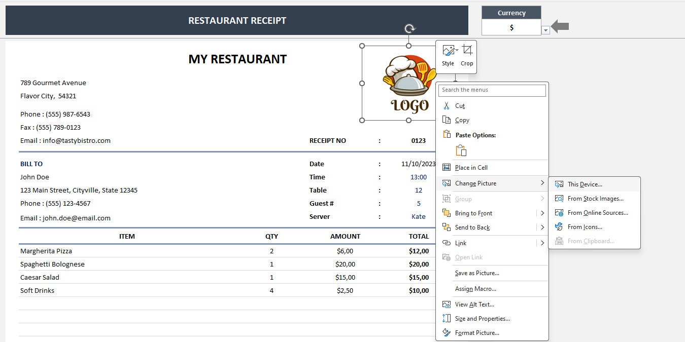 Restaurant Receipt Excel Template Restaurant Receipt Maker Restaurant ...