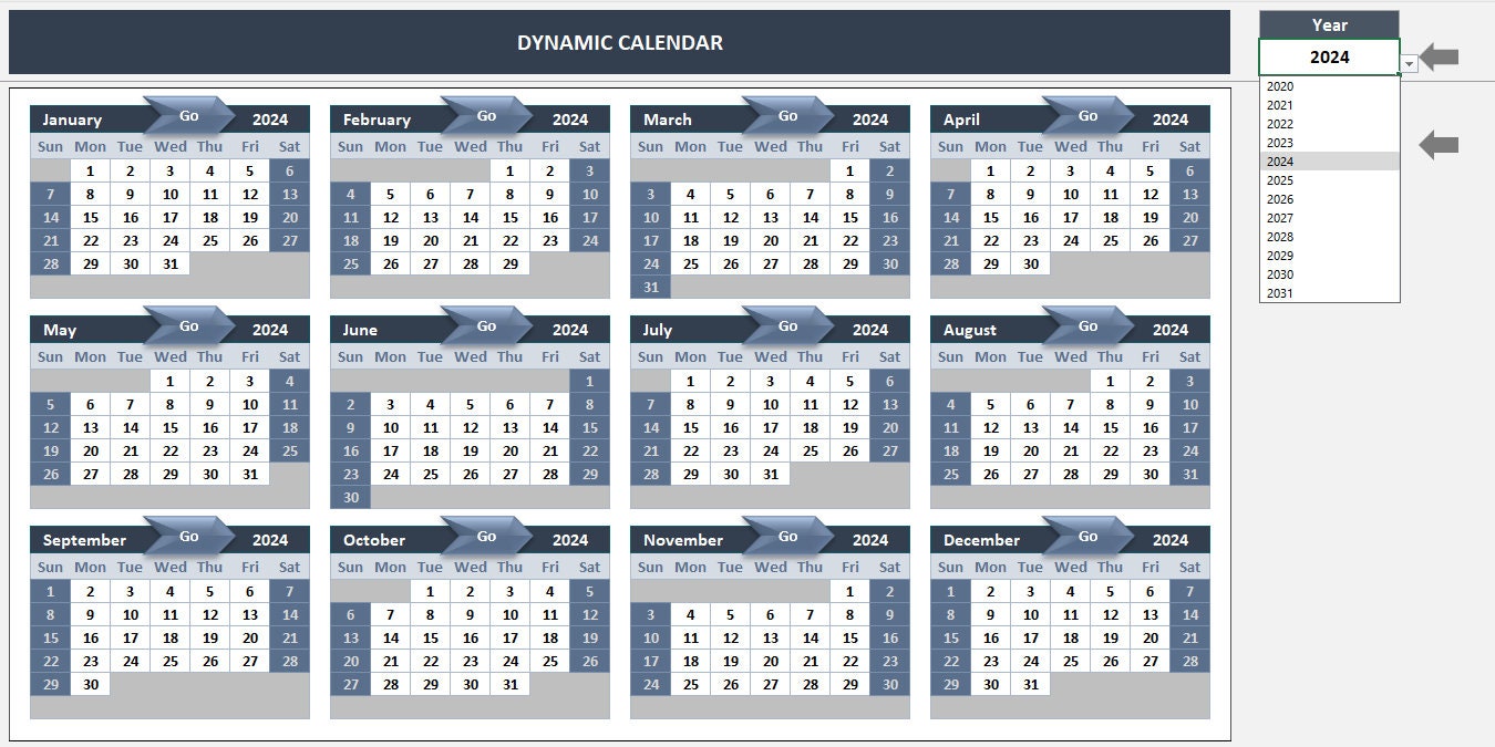 Dynamic Calendar Excel Template: Printable Yearly Planner (instant ...