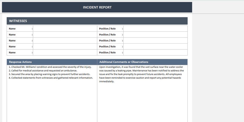 Incident Report Excel Template: Workplace Safety Form (printable) - Etsy