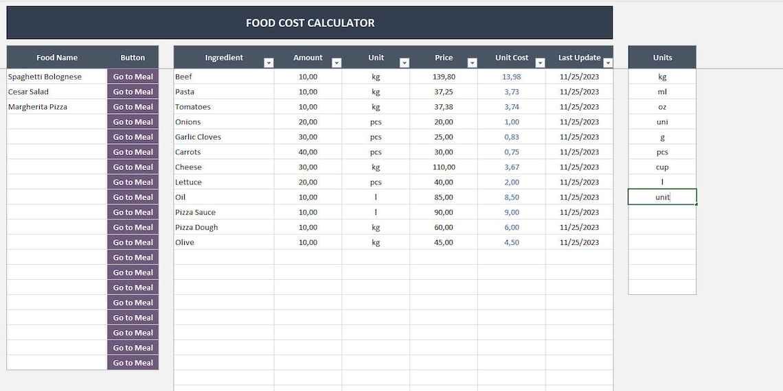 Food Cost Calculator Excel Template: Recipe Costing & Menu Pricing - Etsy