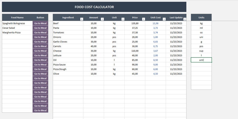 Food Cost Calculator Excel Template: Recipe Costing & Menu Pricing ...