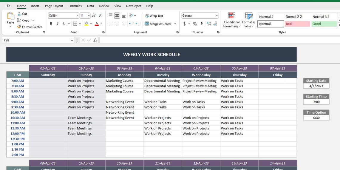 Weekly Work Schedule Excel Template: Hourly Planner (digital Download ...