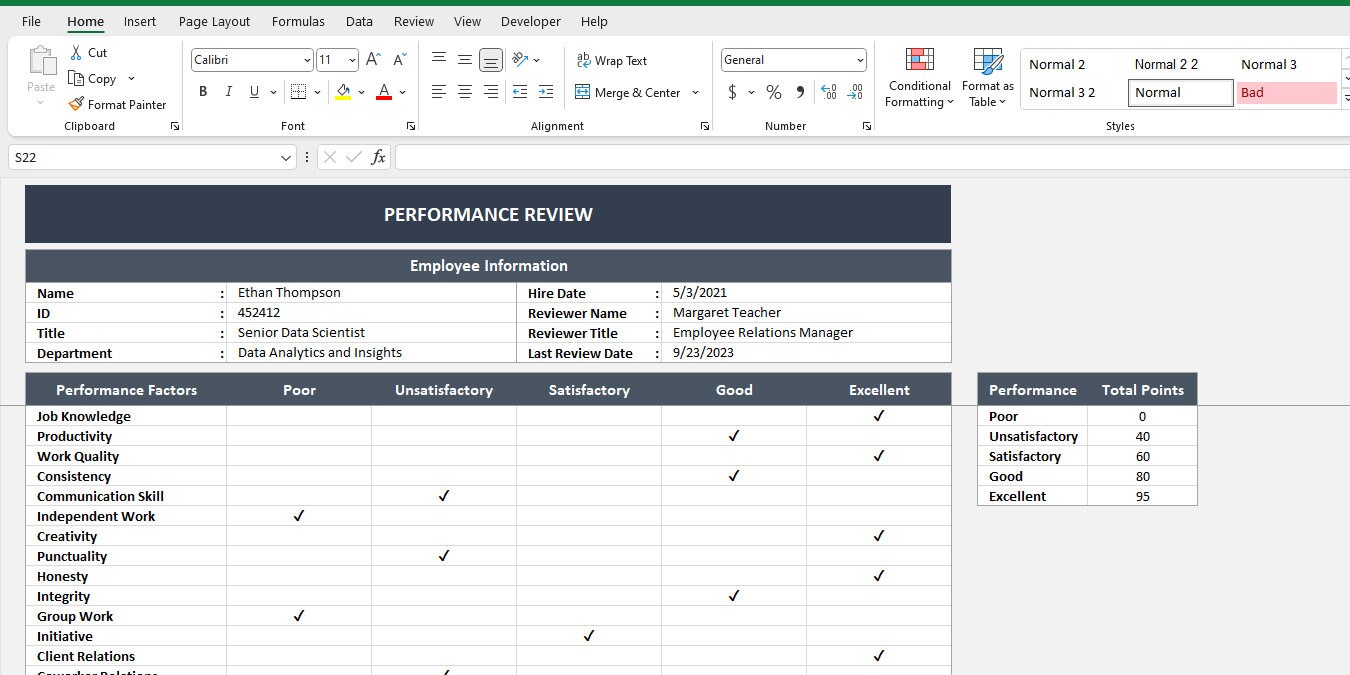 Performance Review Excel Template Employee Evaluation Form Performance ...