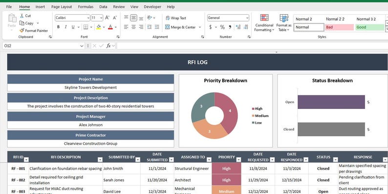 Project RFI Log: Excel Template, Construction RFI Tracker - Etsy