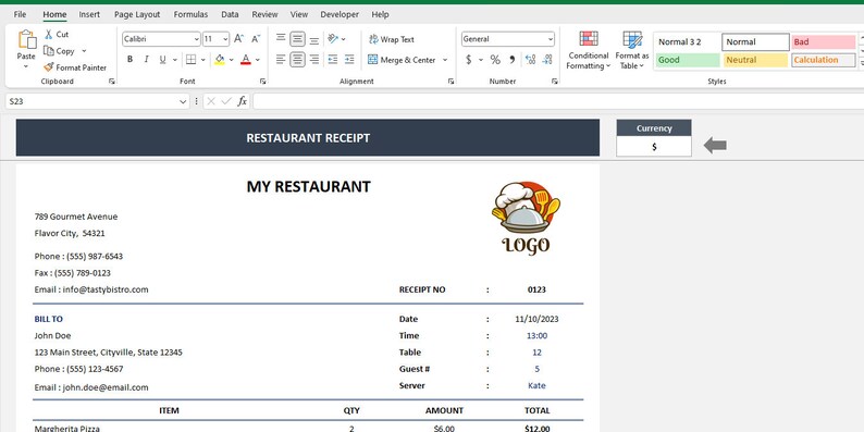 Restaurant Receipt Excel Template Restaurant Receipt Maker Restaurant Receipt Generator Digital ...