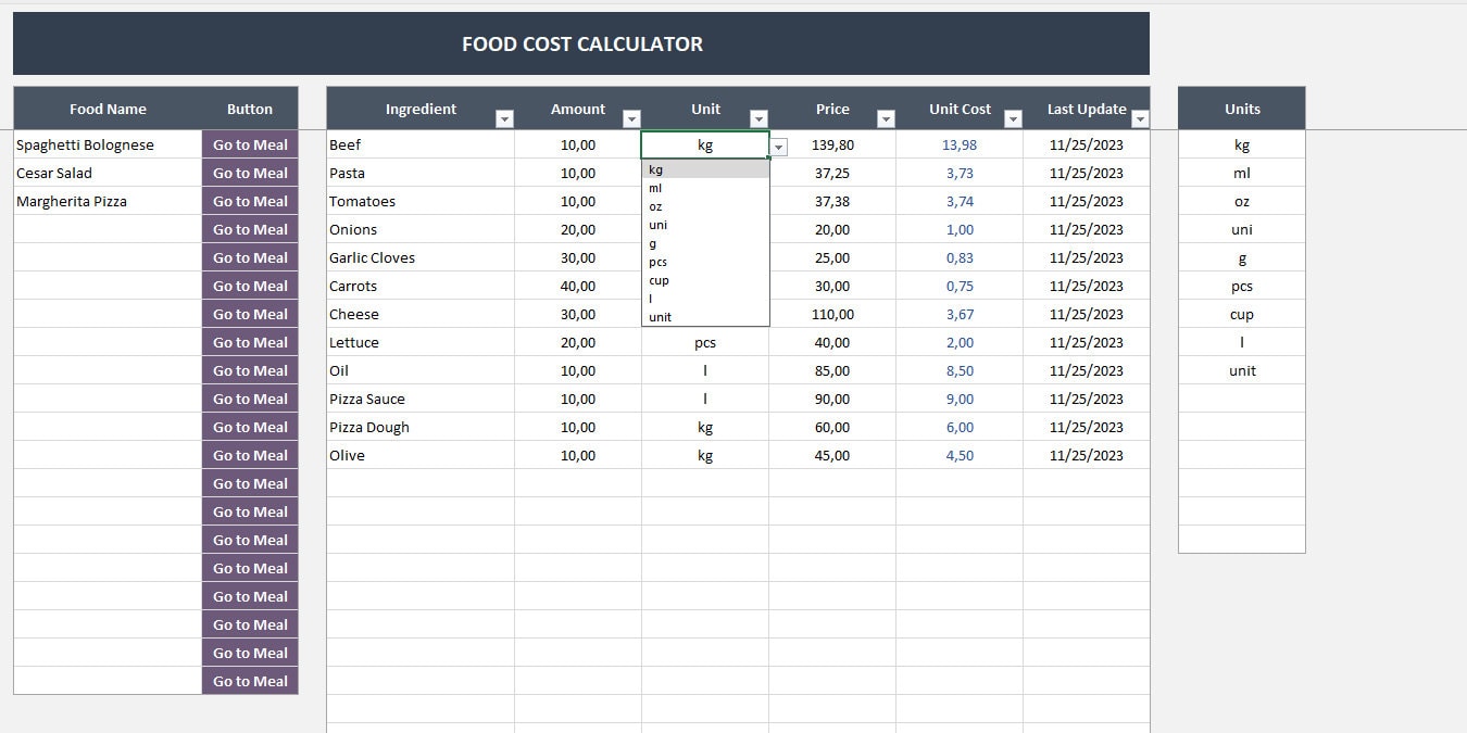 Food Cost Calculator Excel Template: Recipe Costing & Menu Pricing - Etsy