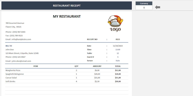 Restaurant Receipt Excel Template Restaurant Receipt Maker Restaurant ...