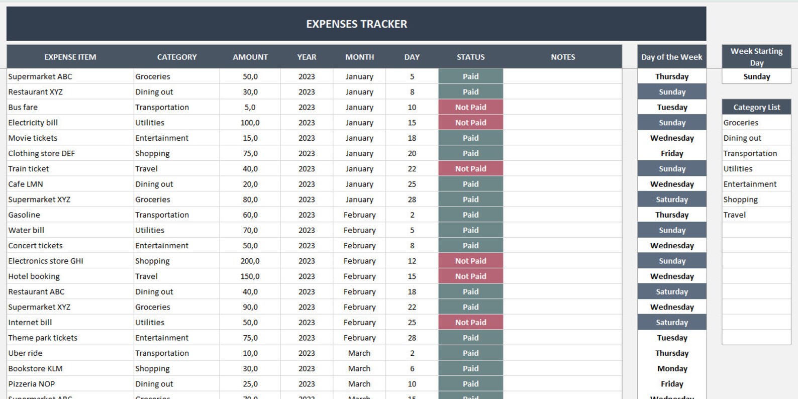 Expenses Tracker | Excel Template | Expenses Calendar | Spending ...