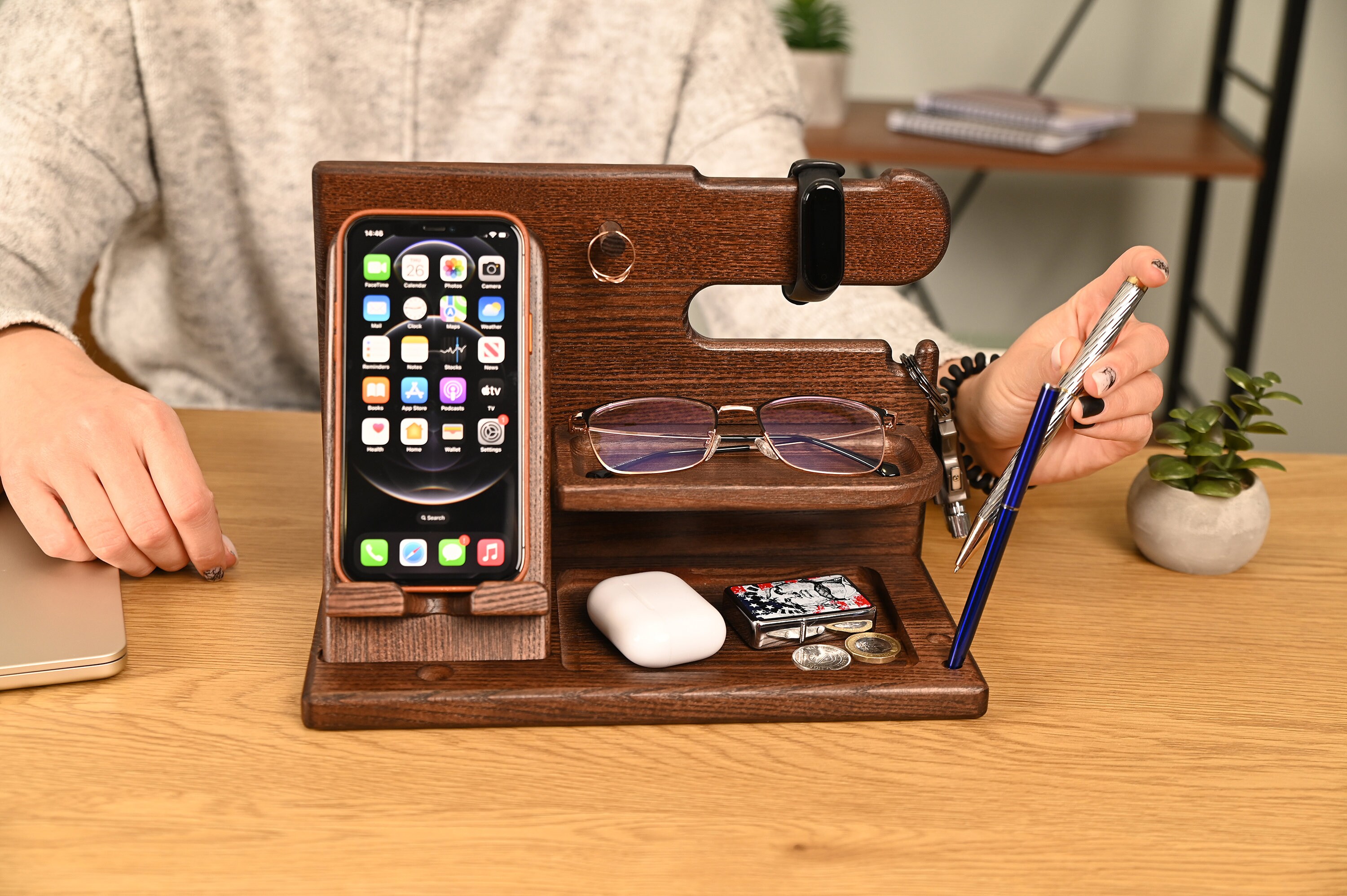 Wooden Desk Organizer Phone Docking Station Accessories Gifts for Him ...